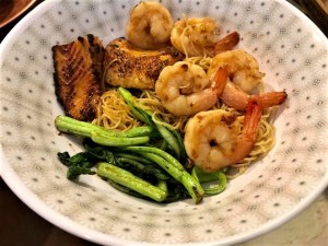 HK Stringy Dry Noodles with Teriyaki Salmon Belly and Prawns on ...